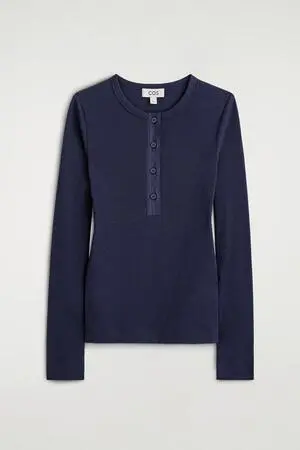 Cos Ribbed Cotton Henley Top - Blue