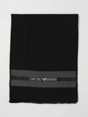 Emporio Armani Wool And Silk Blend Scarf With Contrast Logo And Fringed Edges - Blue