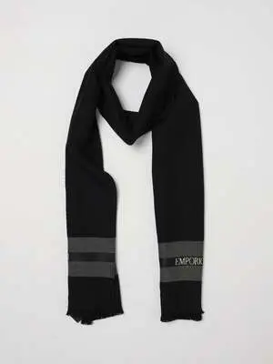Emporio Armani Wool And Silk Blend Scarf With Contrast Logo And Fringed Edges - Blue