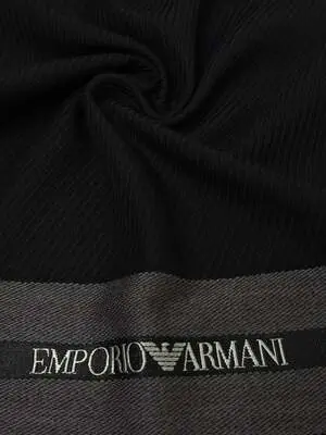 Emporio Armani Wool And Silk Blend Scarf With Contrast Logo And Fringed Edges - Blue
