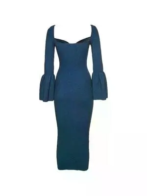 SELF-PORTRAIT Bell-sleeve Rib-knit Dress - Blue