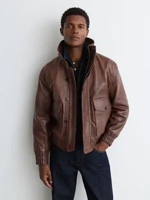 REISS Cable Leather Funnel-neck Jacket - Brown