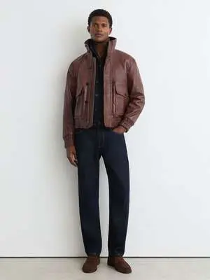 REISS Cable Leather Funnel-neck Jacket