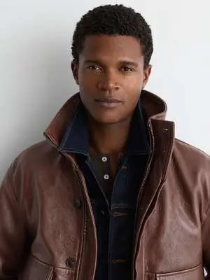 REISS Cable Leather Funnel-neck Jacket