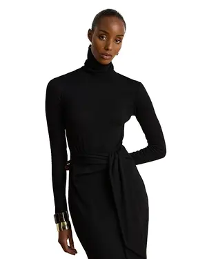 Ralph Lauren Tie Front Rib Knit Turtleneck Dress - Black