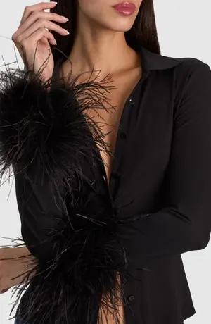 Alice + Olivia Freya Button Down Top With Feather Cuffs