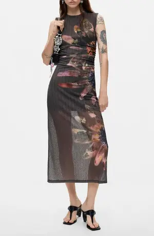 Desigual Floral Sleeveless Ruched Knit Dress - Gray