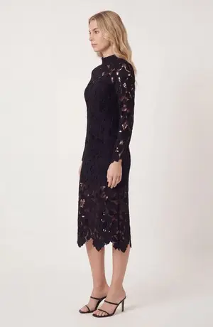 MODENAIRE Floral Lace Mock Neck Midi Dress