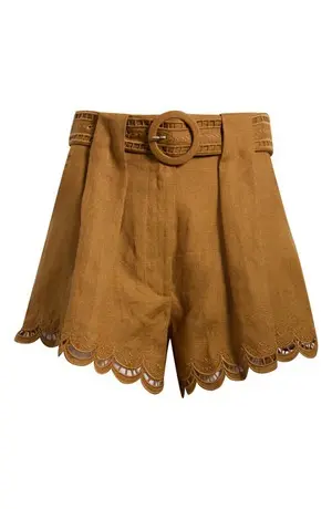 Farm Rio Pleated Shorts With Scalloped Hem - Brown