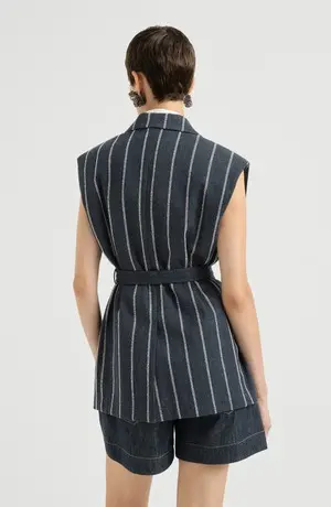 Brunello Cucinelli Double Chalk Stripe Cotton And Linen Belted Vest With Monili - Denim