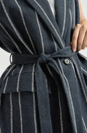 Brunello Cucinelli Double Chalk Stripe Cotton And Linen Belted Vest With Monili - Denim
