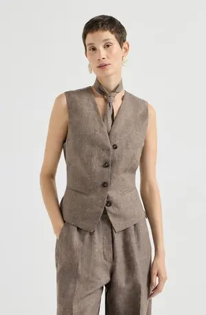 Brunello Cucinelli Sparkling Linen Gilet With Lavallière - Silver