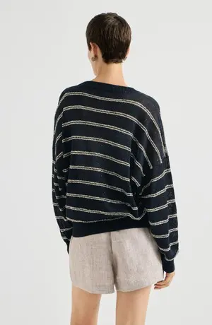 Brunello Cucinelli Linen And Cotton Sweater With Dazzling Double Stripes
