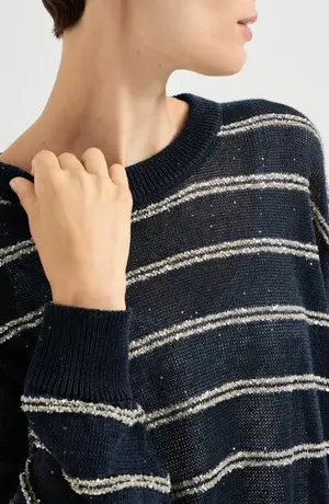 Brunello Cucinelli Linen And Cotton Sweater With Dazzling Double Stripes
