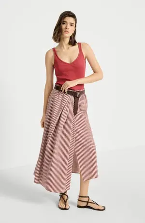 Brunello Cucinelli Striped Wrinkled Poplin Sarong Skirt
