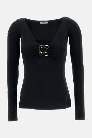 Elisabetta Franchi Maglia A Coste Con Logo - Nero