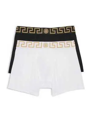 Versace Two-pack Of Bi-stretch Organic Cotton Boxer Shorts Featuring A Gold-colored Logo; Available In White And Black - Multicolor