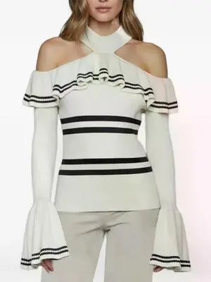 SELF-PORTRAIT Ruffled Cold-shoulder Sweater