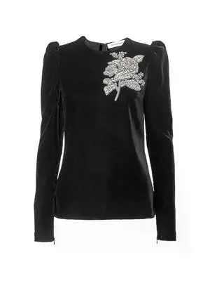 Carolina Herrera Rose-embroidered Velvet Blouse - Black