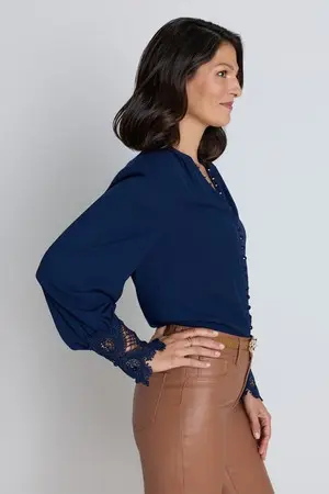 THE NOLI SHOP Blake Lace Sleeve Blouse - Navy
