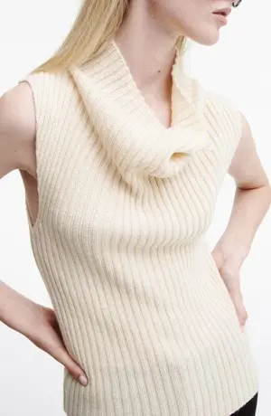 Mango Ribbed Sleeveless Cowl-neck Sweater - Ecru