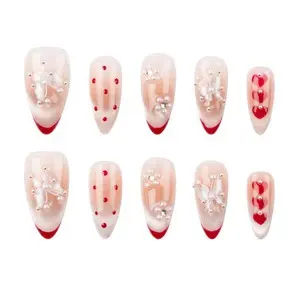 3H NAILS Cherry Blossommedium Almond Press-on Nails Beige/red