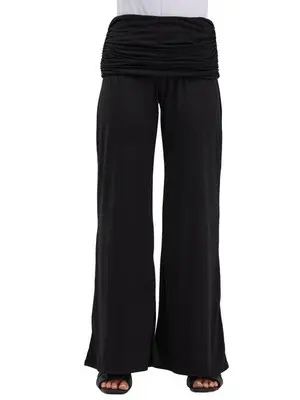 24SEVEN COMFORT APPAREL Basic Soft Stretch Ruched Waist Wide Leg Pants - Black