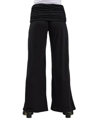 24SEVEN COMFORT APPAREL Basic Soft Stretch Ruched Waist Wide Leg Pants - Black