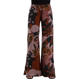 24SEVEN COMFORT APPAREL Essential Elastic Waistband Full Length Flared Pants - Brown Multi