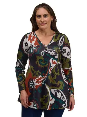 24SEVEN COMFORT APPAREL Essential Curvy Flared Long Sleeve Henley Tunic Top - Green Multi