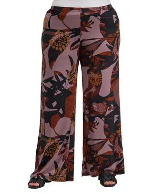 24SEVEN COMFORT APPAREL Essential Curvy Elastic Waistband Full Length Flared Pants - Brown Multi