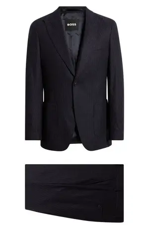 BOSS Huge Trim Fit Pinstriped Wool Blend Suit - Dark Blue