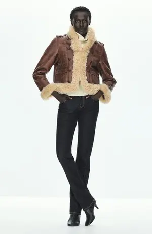 Mango Faux Fur Trim Faux Leather Jacket