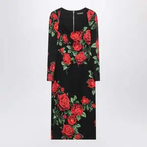 Dolce & Gabbana Rose Print Midi Dress In Silk Charmeuse - Black