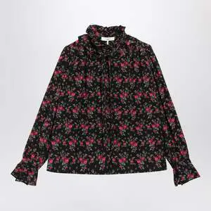 Chloé Black Ruffled Blouse In Floral-print Silk - Multicolor