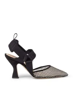 Fendi Hummingbird High-heeled Slingback In Mesh And Suede - Black