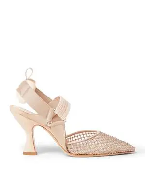 Fendi Hummingbird High-heeled Slingback In Pink Mesh And Suede - Cream