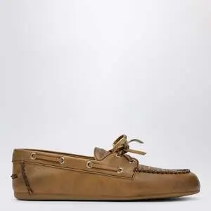 Miu Miu Leather Boat Shoes With Embroidery - Brown