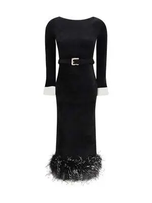 SELF-PORTRAIT Feather-trimmed Chenille Midi Dress - Black