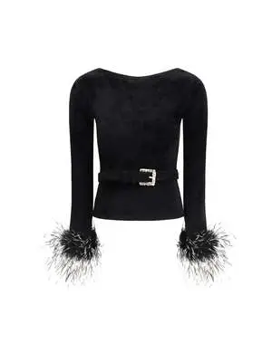 SELF-PORTRAIT Feather-trimmed Chenille Knit Top - Black