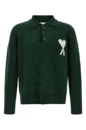 AMI Paris Alpaca-blend Polo Sweater With Intarsia Logo - Green