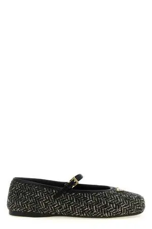 Prada Mary Jane Ballet Flats With Enameled Logo - White/black