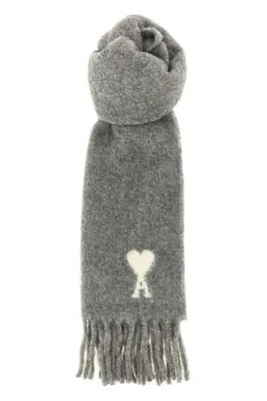 AMI Paris De Coeur Logo Fringed Scarf - Gray