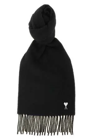AMI Paris Quota Scarf With De Coeur Embroidery And Fringed Edges - Black