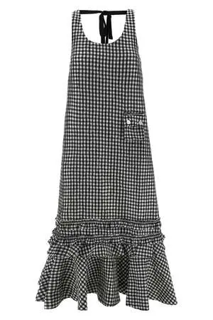GANNI Dress 'crinkled Taffeta Check U-neck Long Dress