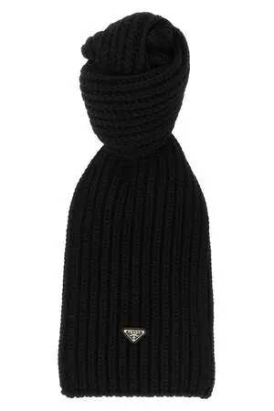 Prada Virgin Wool Rib-knit Scarf With Enamel Triangle Logo - Black