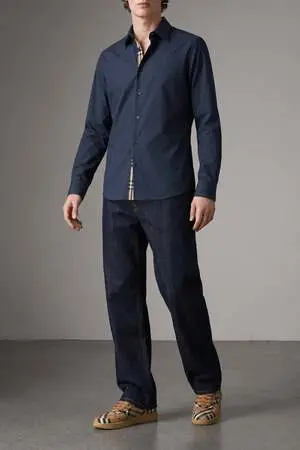 Burberry Cotton Shirt With Check Placket - Blue