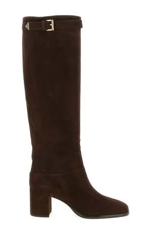 Prada Suede Boots With Buckle Detail - Brown