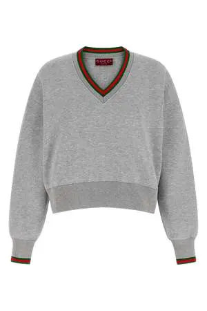 Gucci V-neck Sweatshirt With Web Stripe Details - Gray