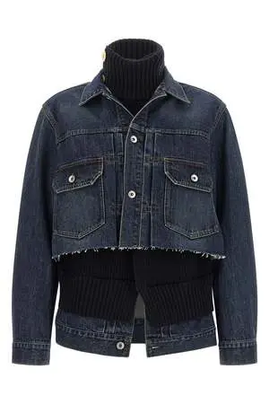 Sacai Denim Jacket With Ribbed Knit Underlayer - Blue